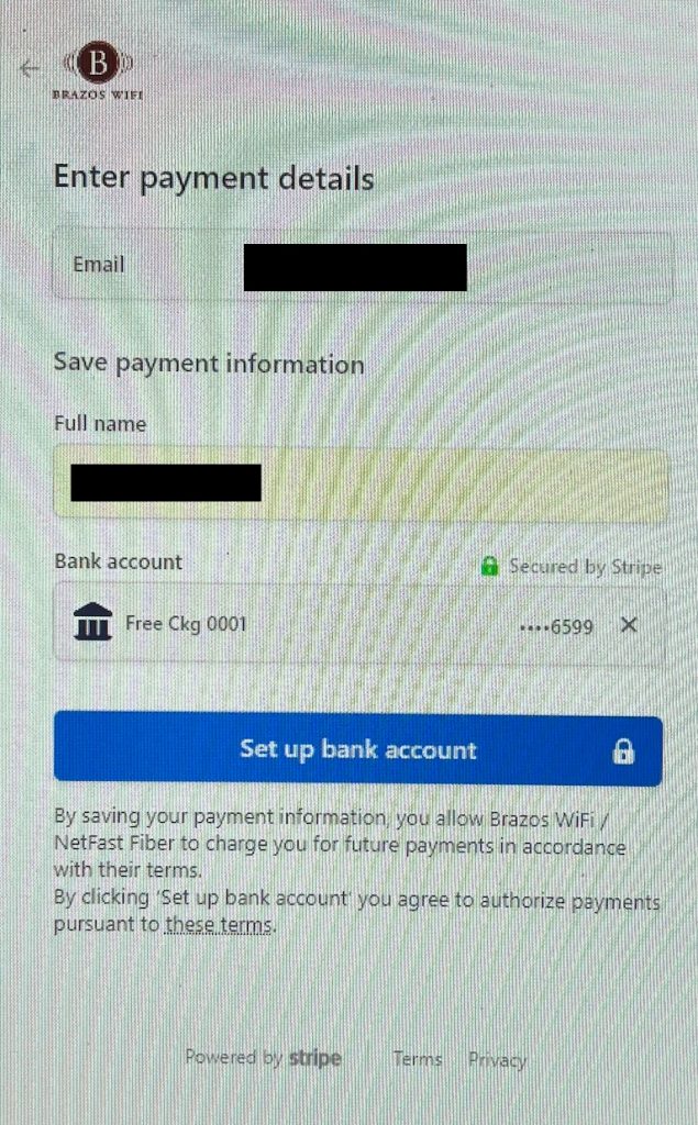 Add ACH Bank Account – Brazos WiFi / NET FAST